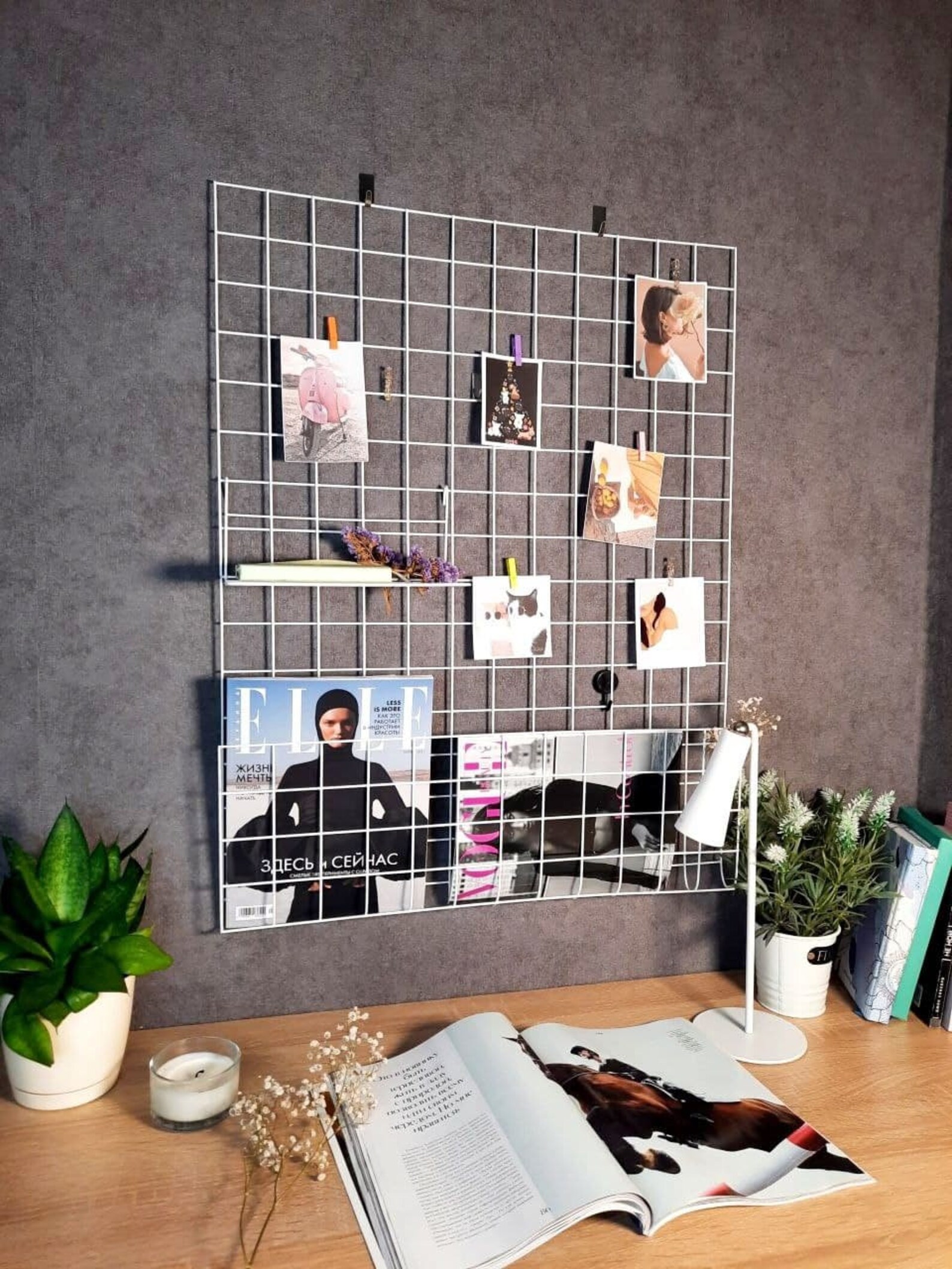 Large White Wire Wall Grid With Metal Book Shelf, Polaroid Display ...