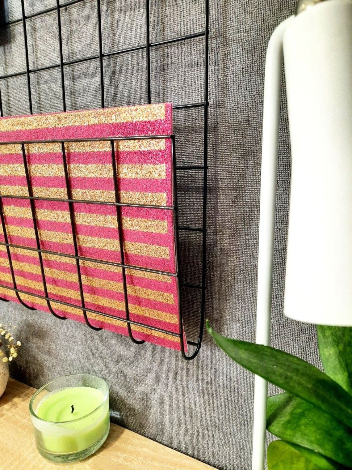 Large White Wire Wall Grid With Metal Book Shelf, Polaroid Display ...