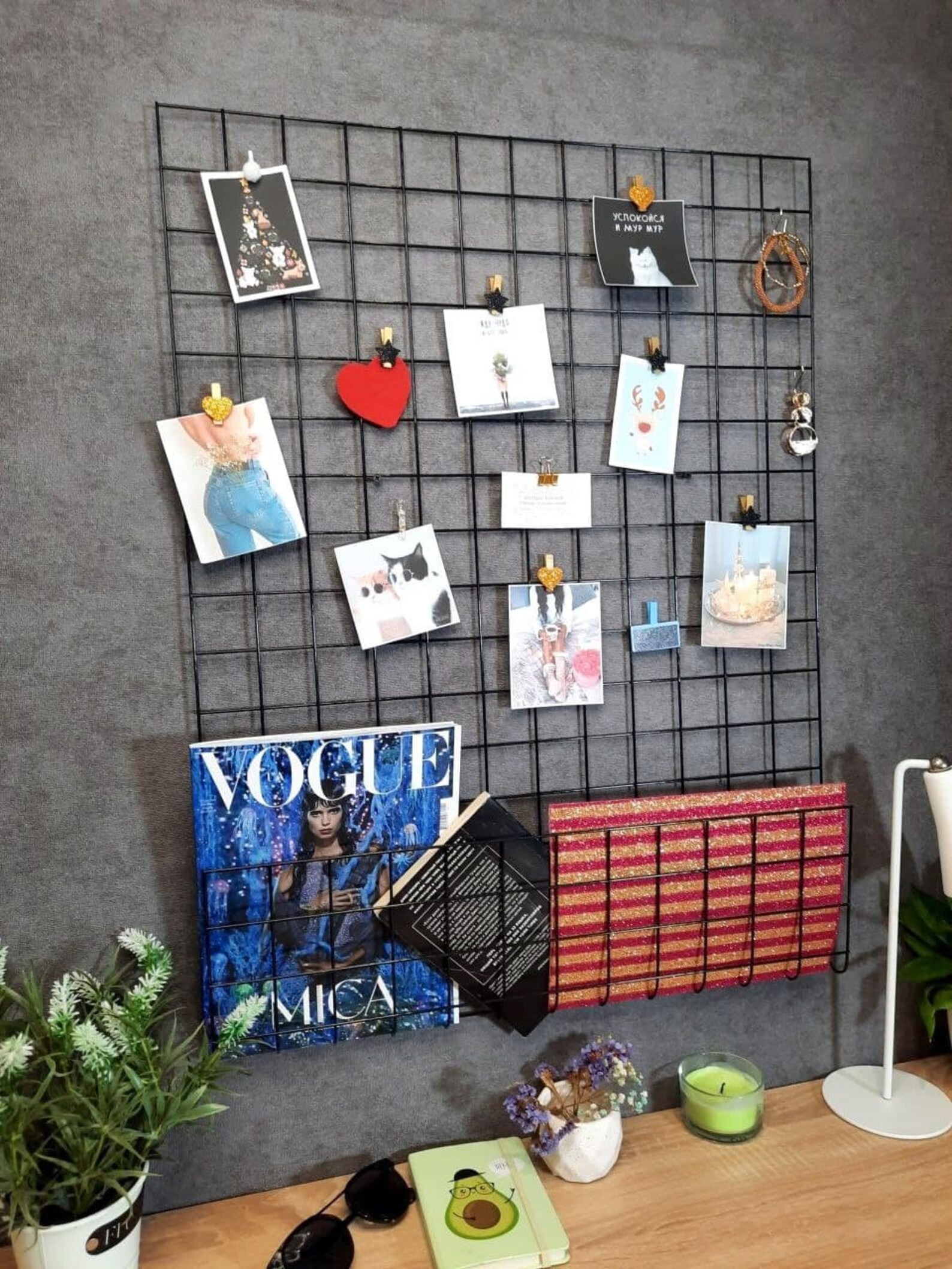 Large White Wire Wall Grid With Metal Book Shelf, Polaroid Display ...