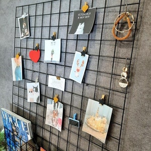 Large White Wire Wall Grid With Metal Book Shelf, Polaroid Display ...