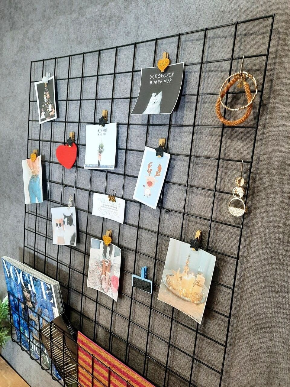 Large White Wire Wall Grid With Metal Book Shelf, Polaroid Display ...