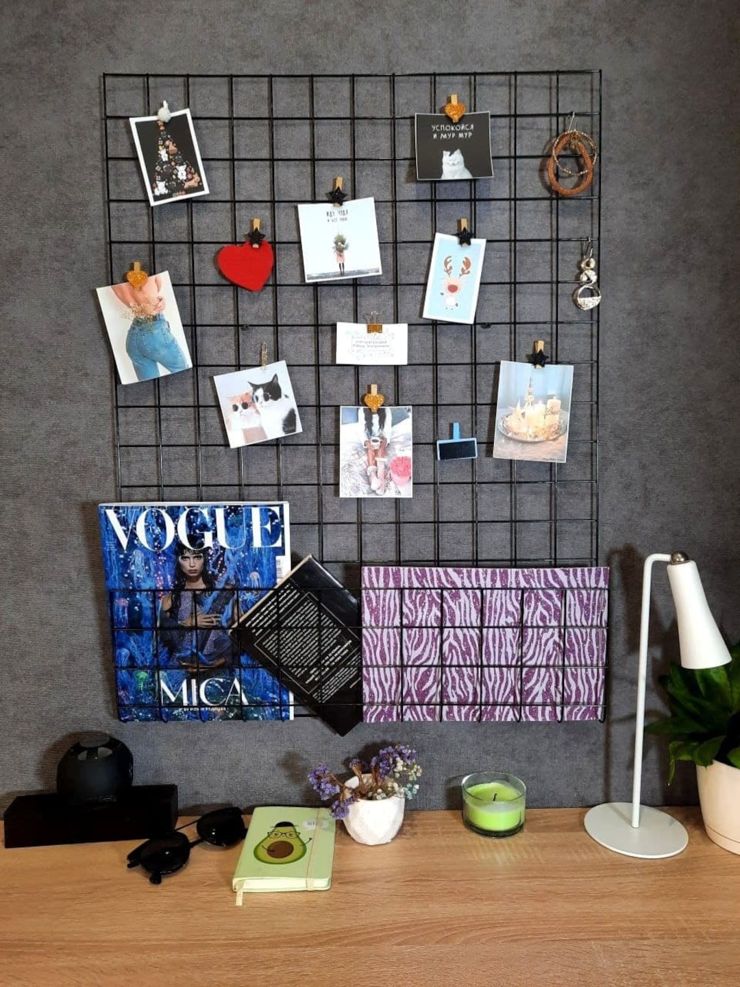 Large White Wire Wall Grid With Metal Book Shelf, Polaroid Display ...