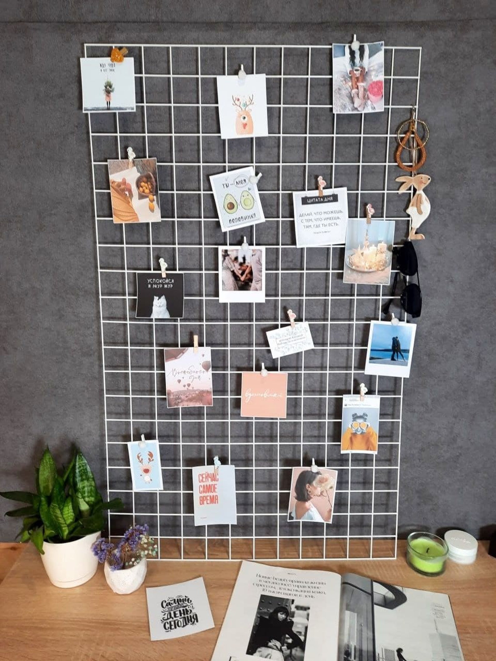 Large White Metal Wire Wall Grid for Photos, Plants, Creative Polaroid ...