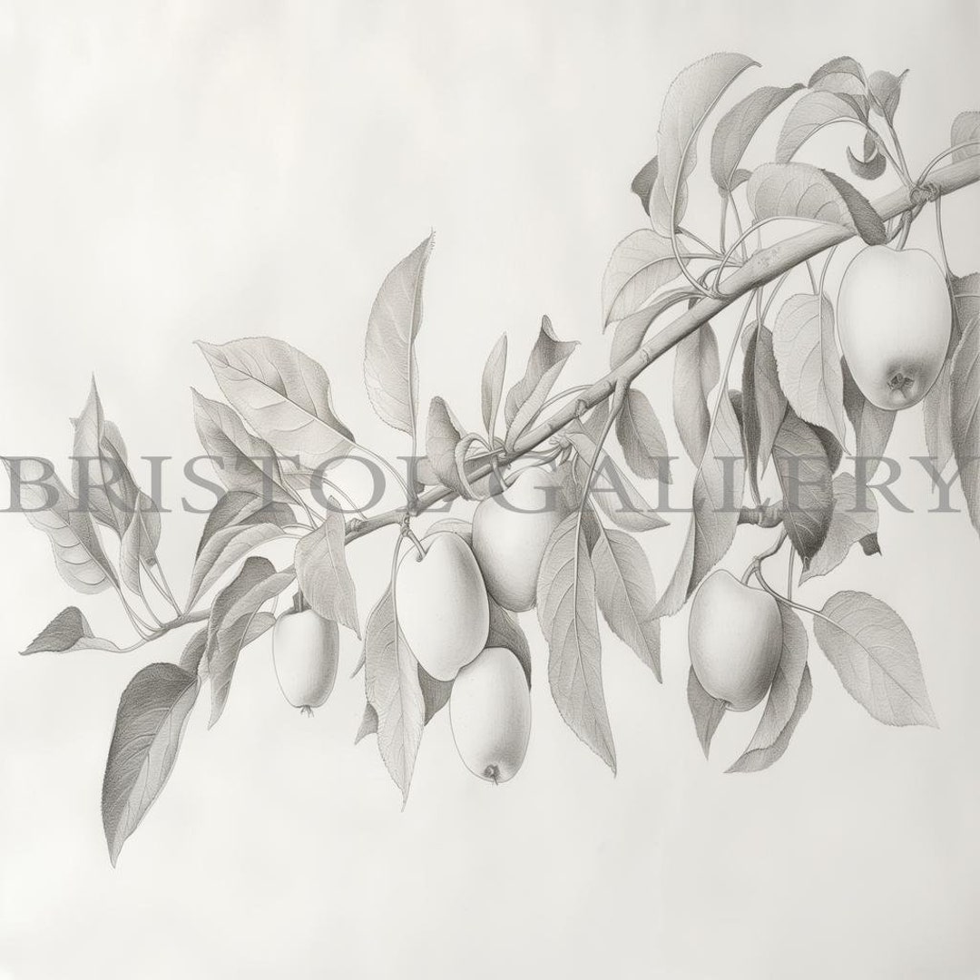 Pencil Drawing of Apple Tree Branch Rendered in Grey Tones on White ...