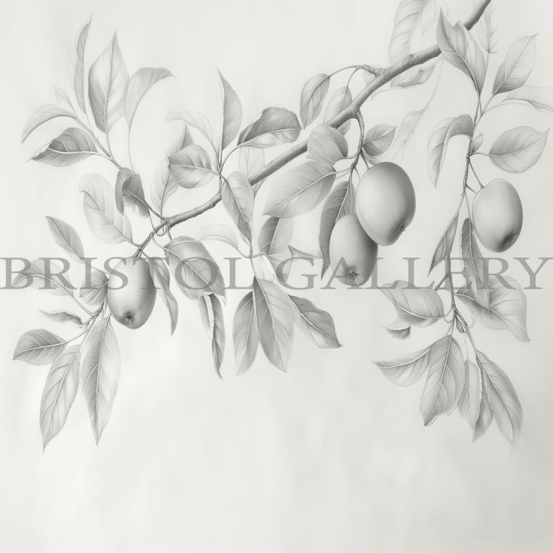 Pencil Drawing of Apple Tree Branch Rendered in Grey Tones on White ...