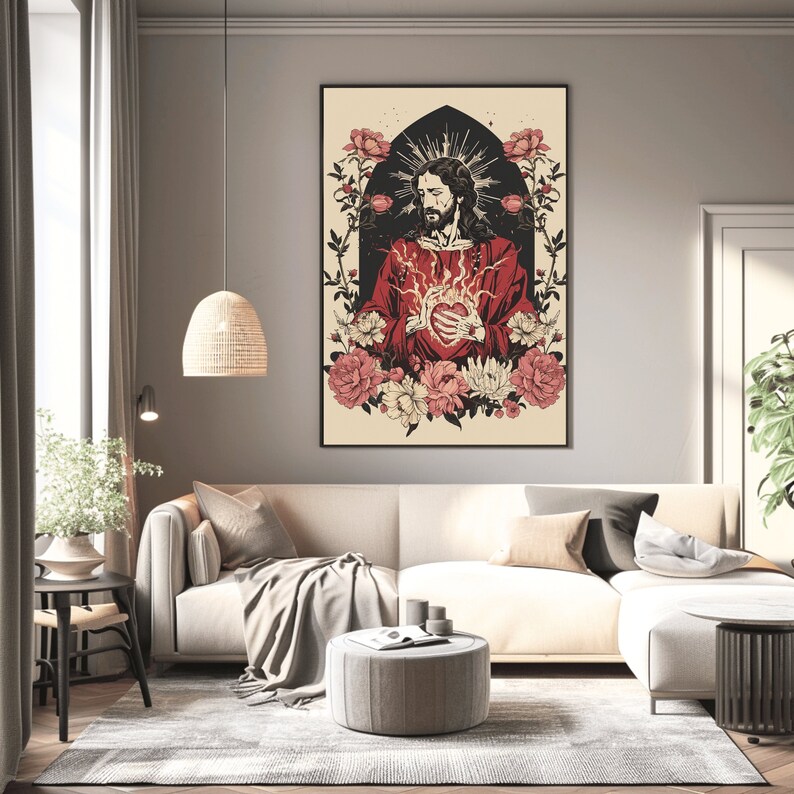 Sacred Heart of Jesus Japanese Hanafuda Artwork, Flames and Crown of ...