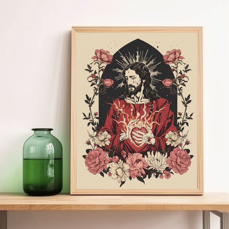 Sacred Heart of Jesus Japanese Hanafuda Artwork, Flames and Crown of ...