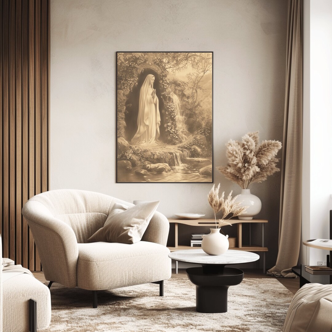 Our Lady of Lourdes Sepia Vintage Poster, Virgin Mary Saint Bernadette ...
