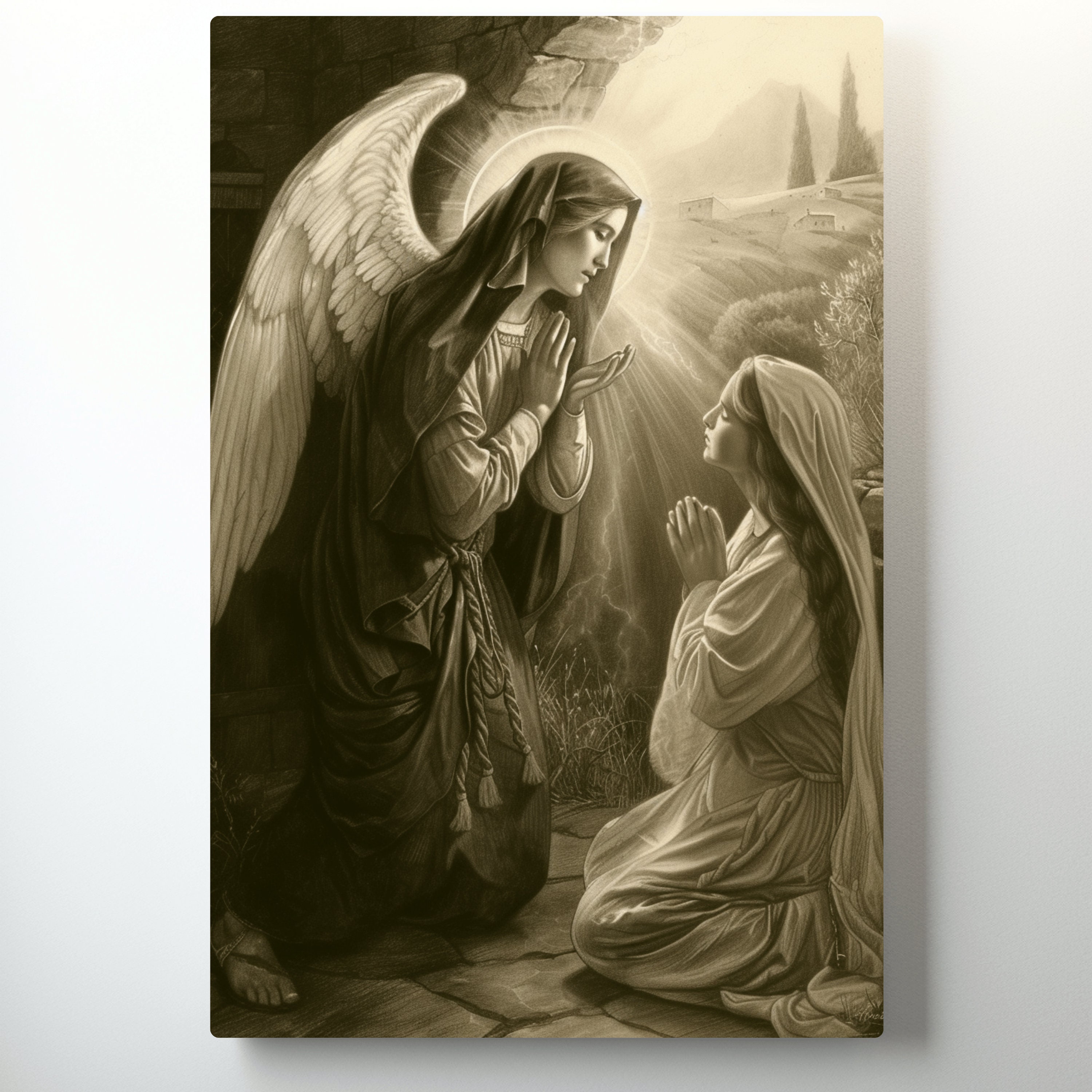 Annunciation Virgin Mary Airbrush Drawing, Vintage Angel Gabriel ...