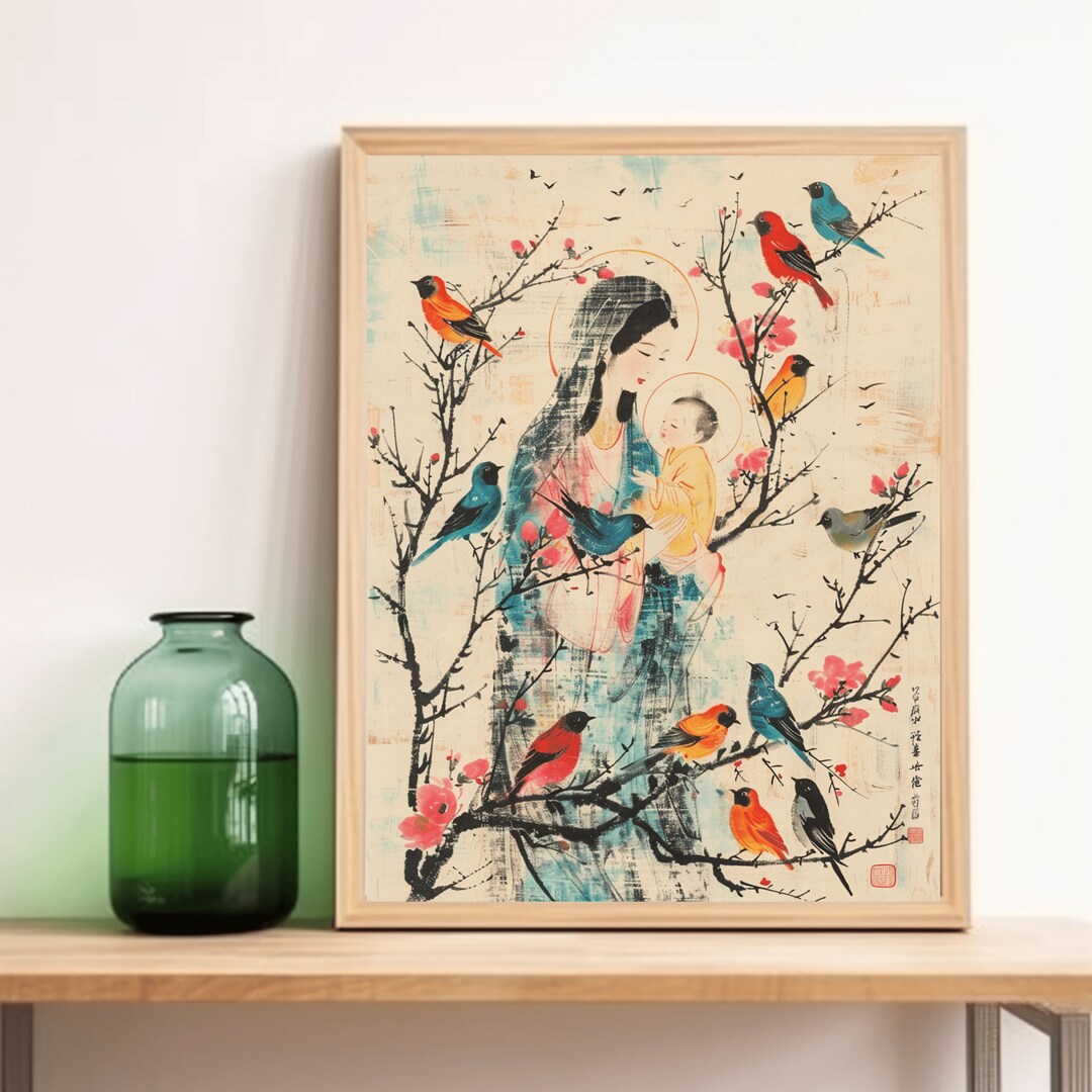 Chinese Madonna and Child Art Print: Qi Baishi Birds, Asian Catholic ...