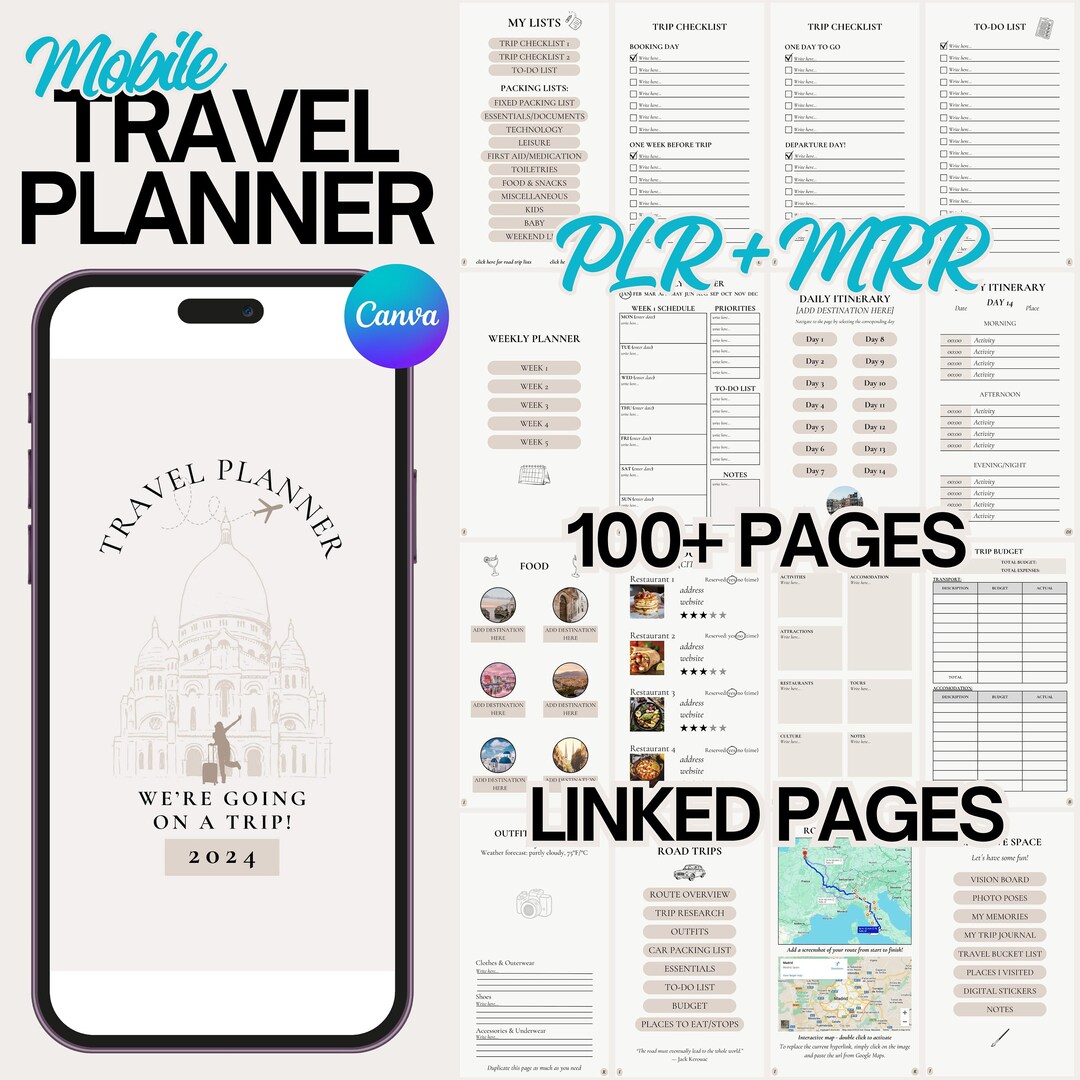 PLR MRR Travel Itinerary Template PLR Road Trip Daily Planner Master Resell Right Canva Template ...