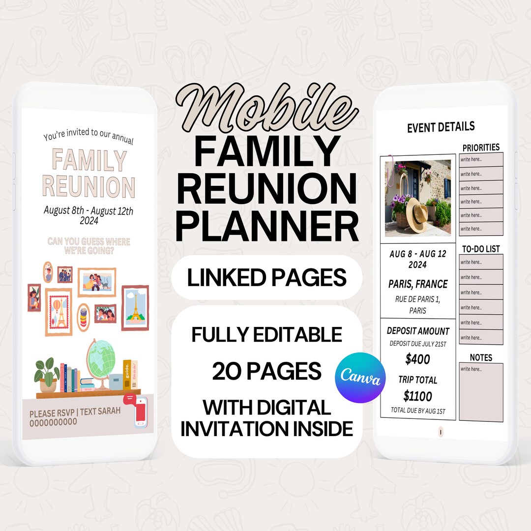 Family Reunion Planner Itinerary for Family Reunion Invitation Family Trip Schedule Planner ...