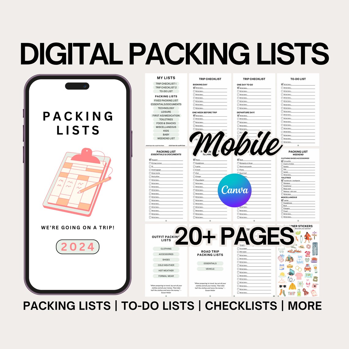 Editable Travel Packing List Template Canva Travel Checklist Family ...
