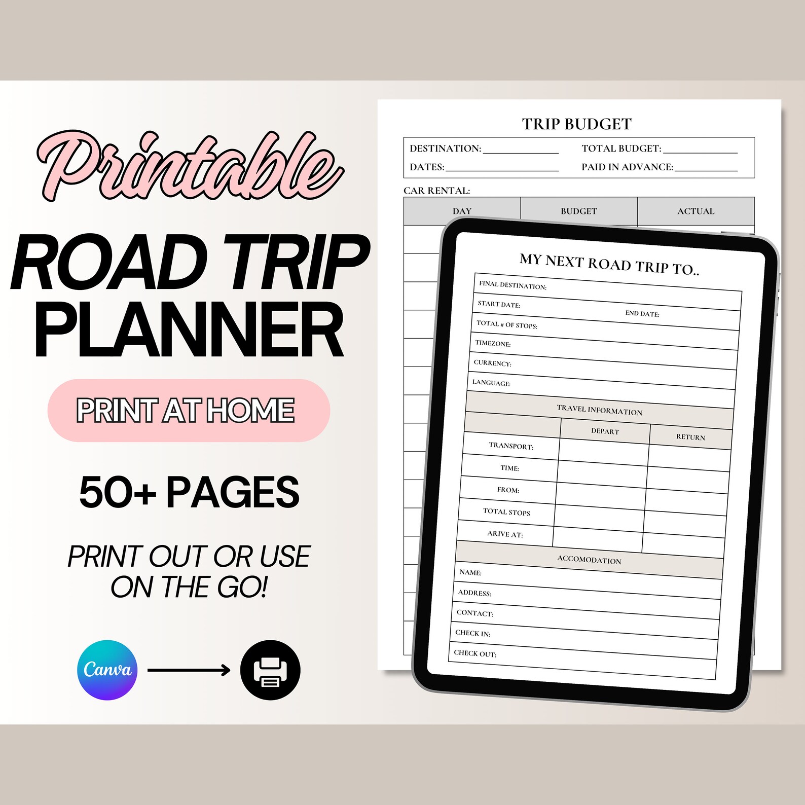Road Trip Planner Printable Pdf Canva Template Planner Digital ...