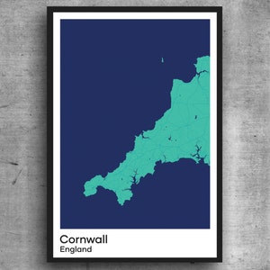 Cornwall Modern Minimalist Map Print Poster. Quality Colourful Poster ...