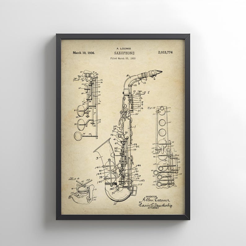Saxophone Design From 1936 From US Patent Office. Poster Gift ...