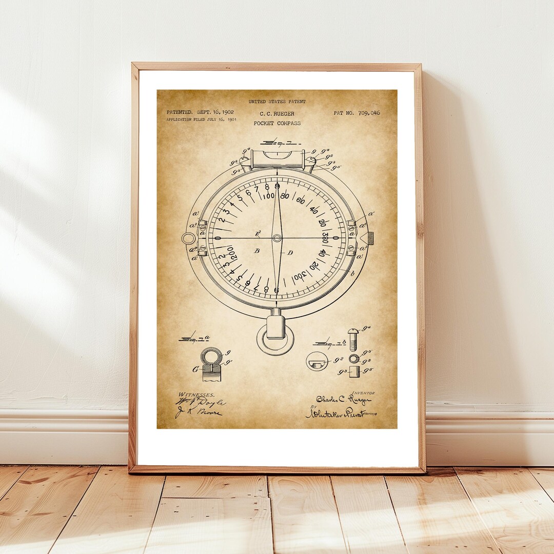 Vintage Pocket Compass Design From US Patent Office. Poster Hiker ...