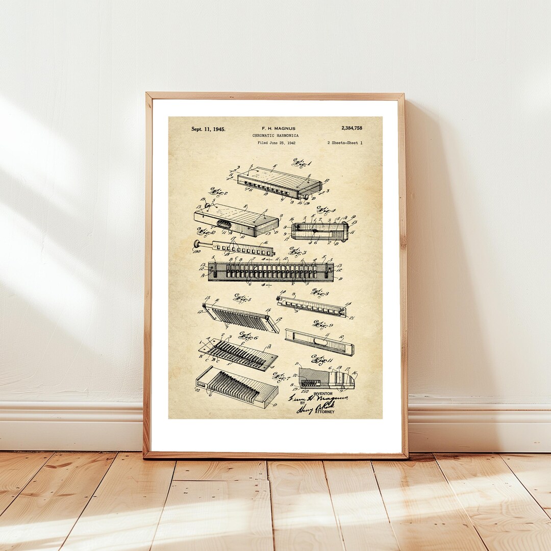 Harmonica Design From 1945 From US Patent Office. Poster Gift Harmonica ...