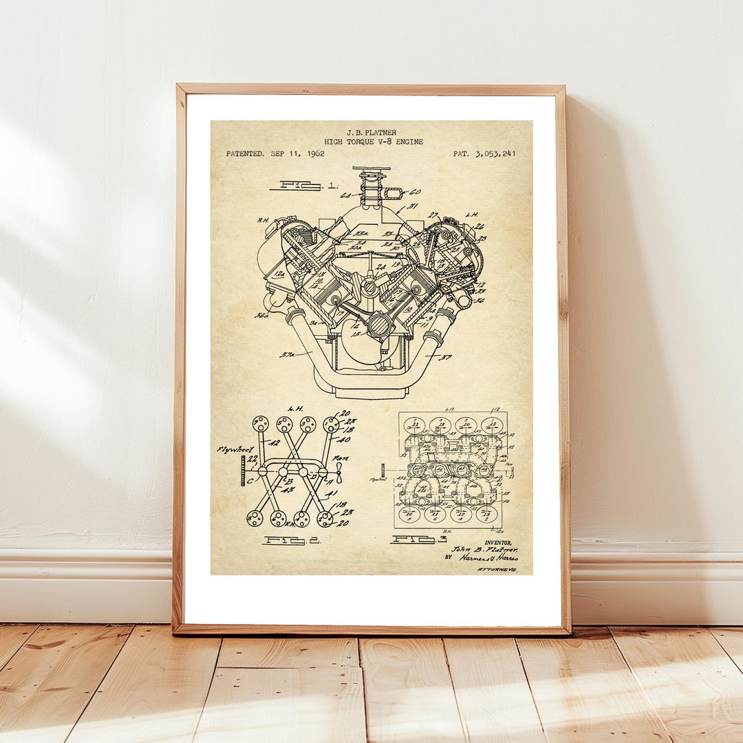 V8 Hemi Engine Design From US Patent Office. Poster Gift for Garage ...