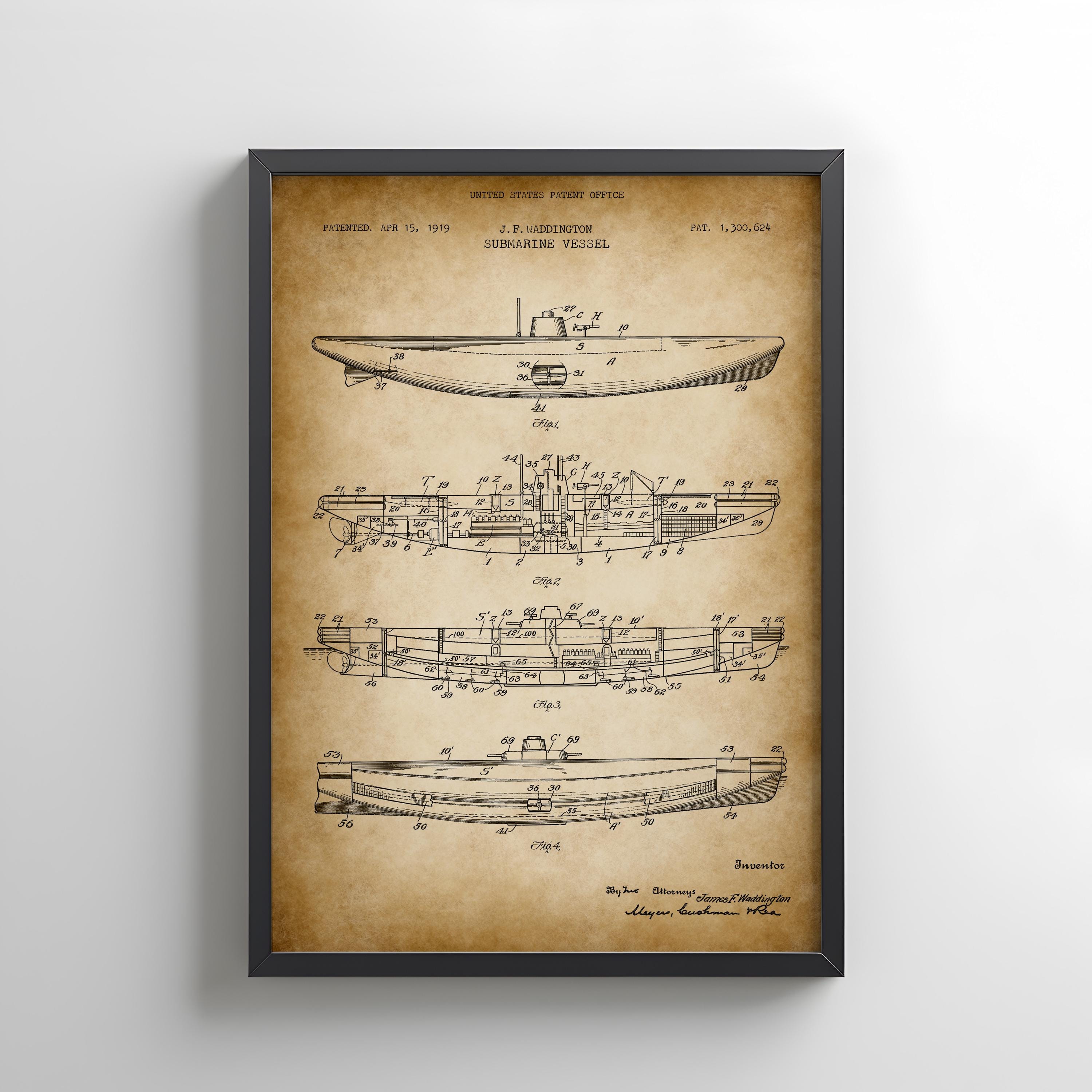 Vintage Old Naval Submarine Design From 1919 From US Patent Office ...
