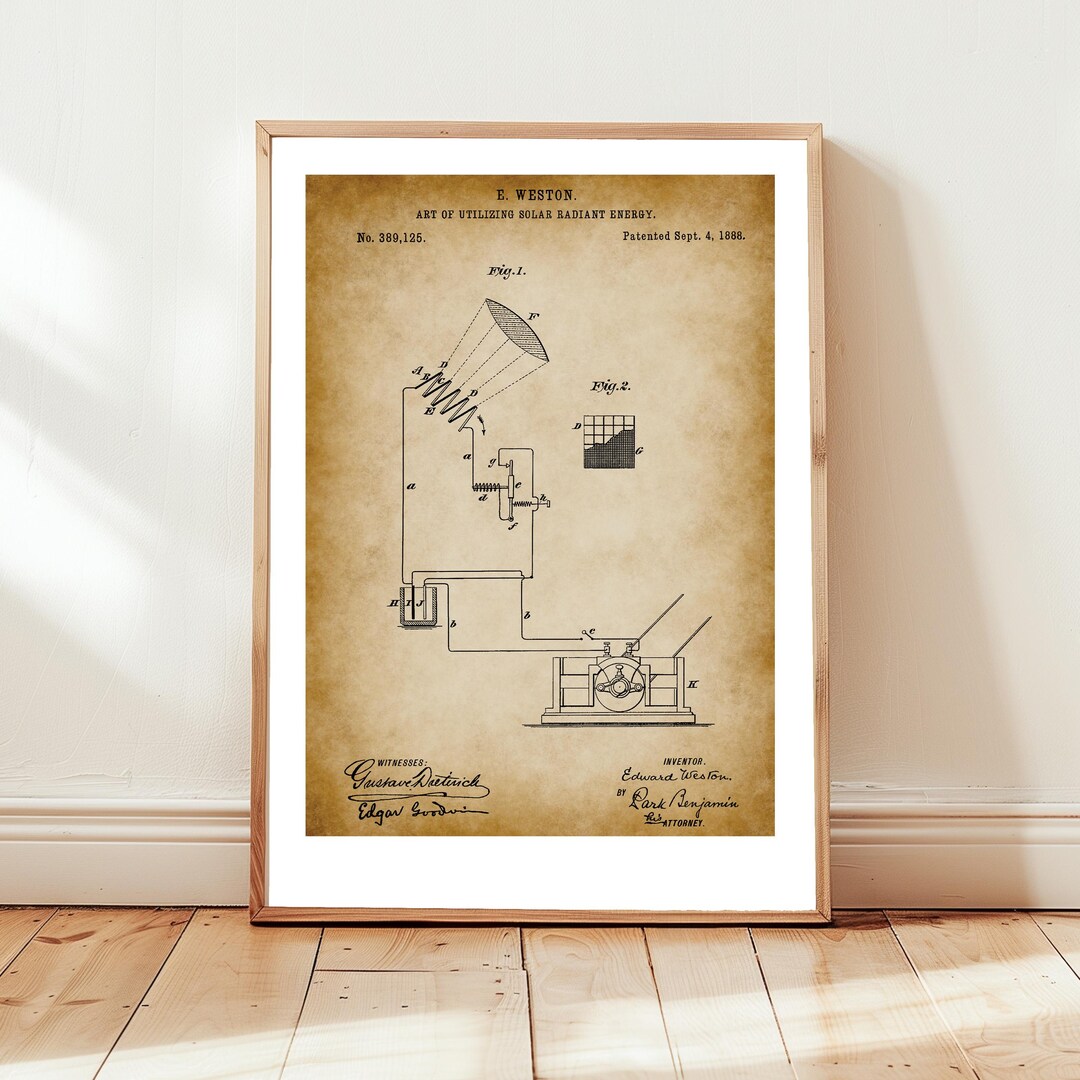 First Solar Energy Cell Design From 1888 From US Patent Office. Poster ...