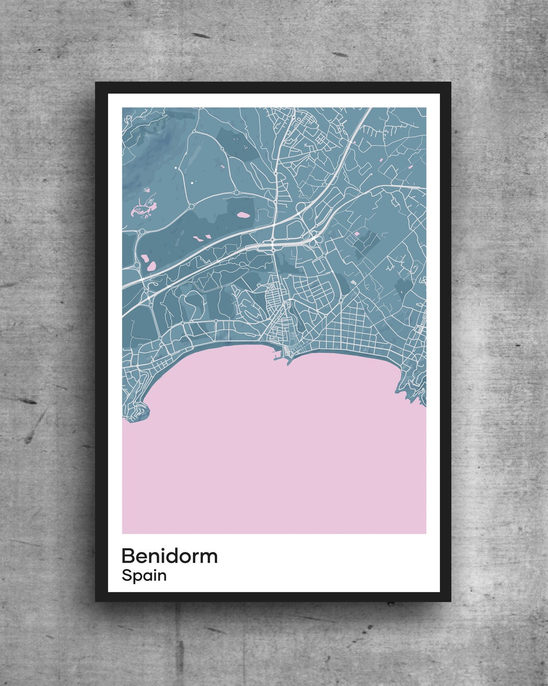 Benidorm Farrow Pink Minimalist Map Print Poster. Quality Colourful ...
