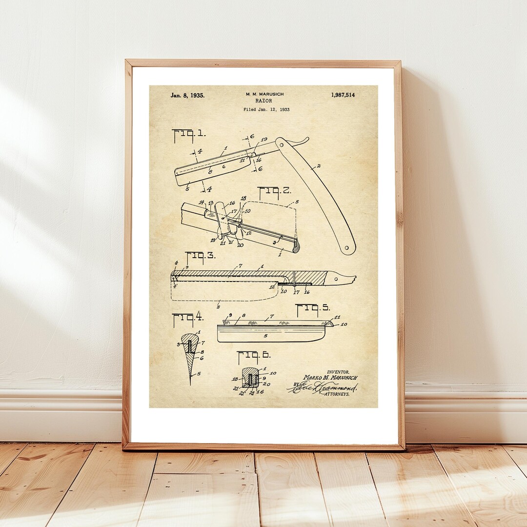 Straight Razor Design From US Patent Office. Poster Gift for Barber ...