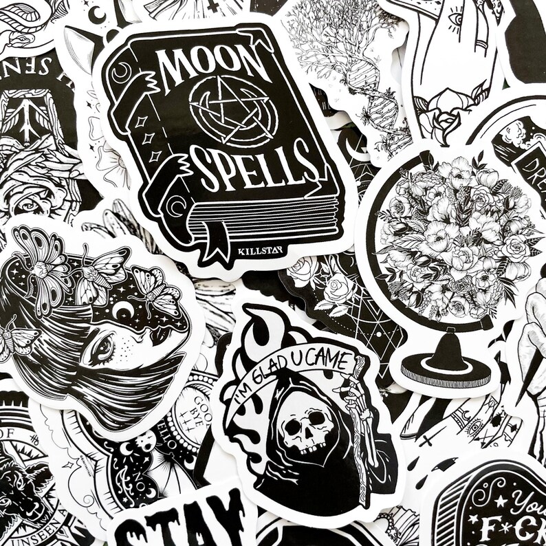 100pcs Black and White Gothic Stickers Pack, Witchy Skull Stickers ...