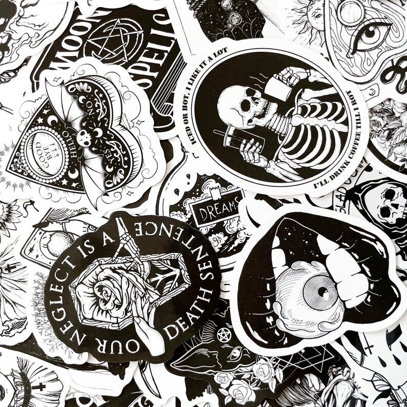 100pcs Black and White Gothic Stickers Pack, Witchy Skull Stickers ...