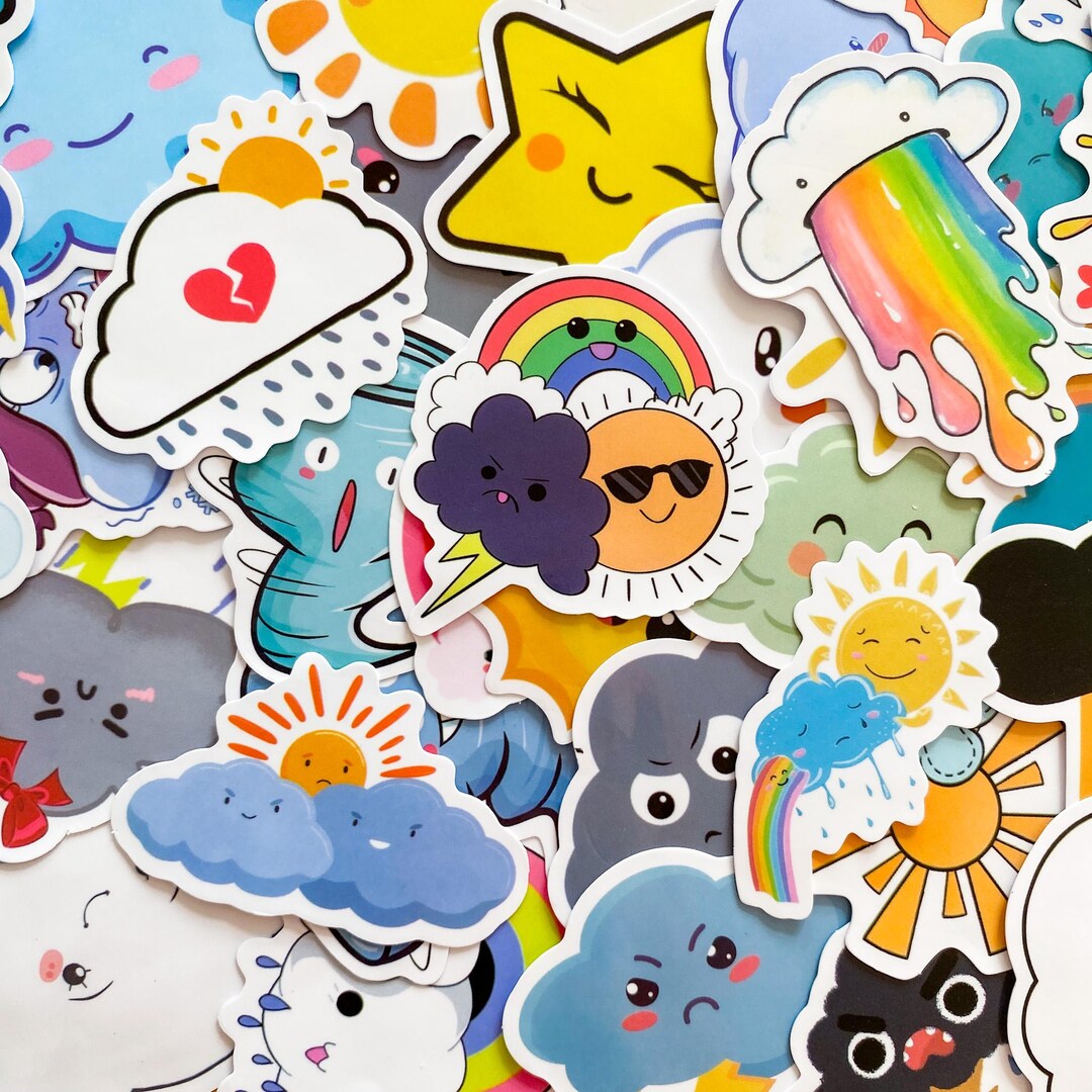 50 Random Cute Weather Stickers for Kids, Cartoon Sunny and Stormy ...