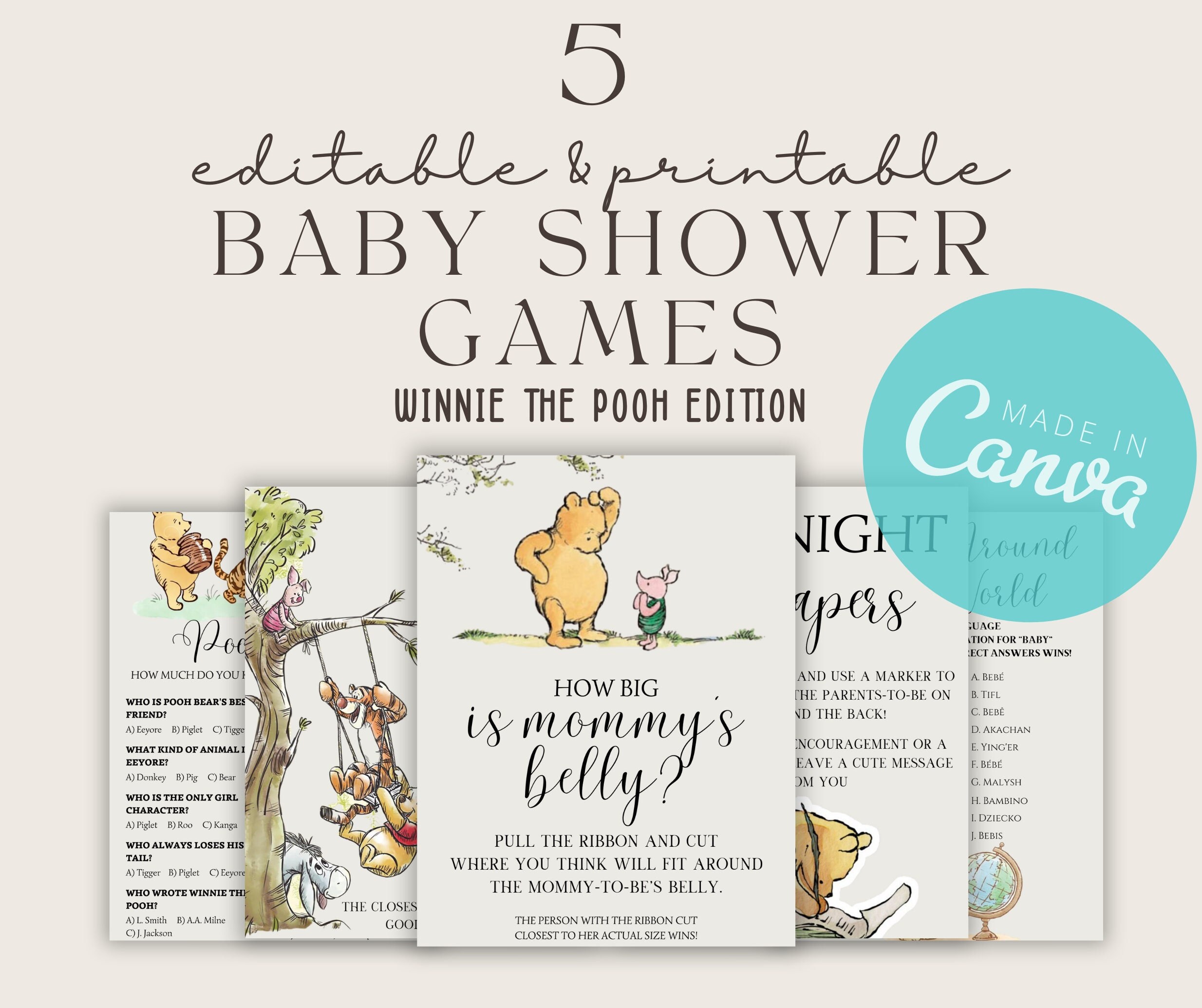 Classic Winnie the Pooh Baby Shower Game Bundle, Editable Winnie the ...