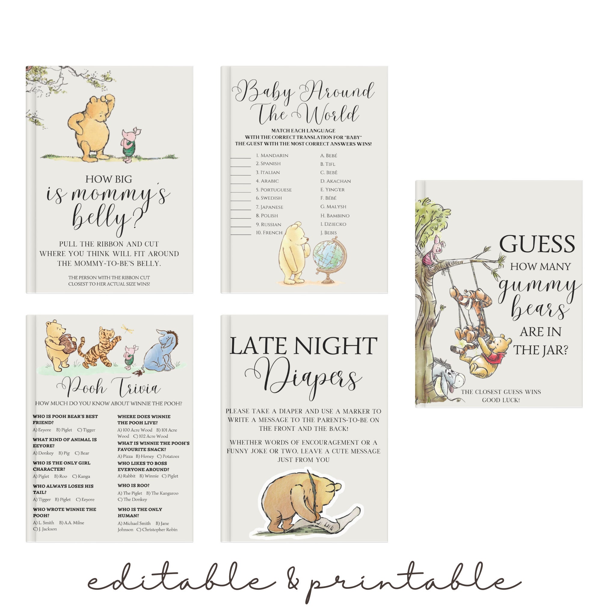 Classic Winnie the Pooh Baby Shower Game Bundle, Editable Winnie the ...