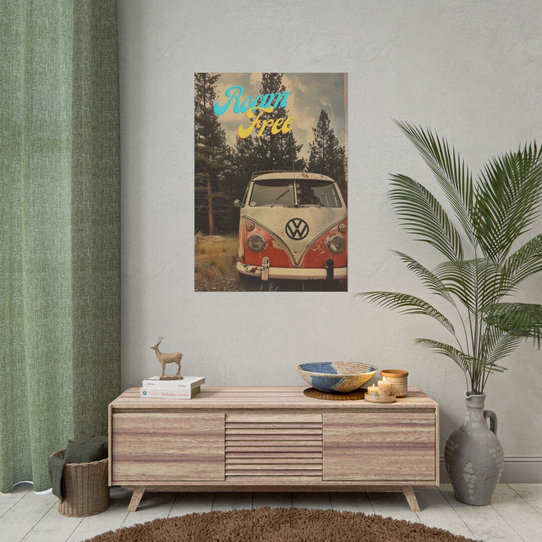 Roam Free Vintage 1960s Style VW Campervan Poster Retro Travel Art ...