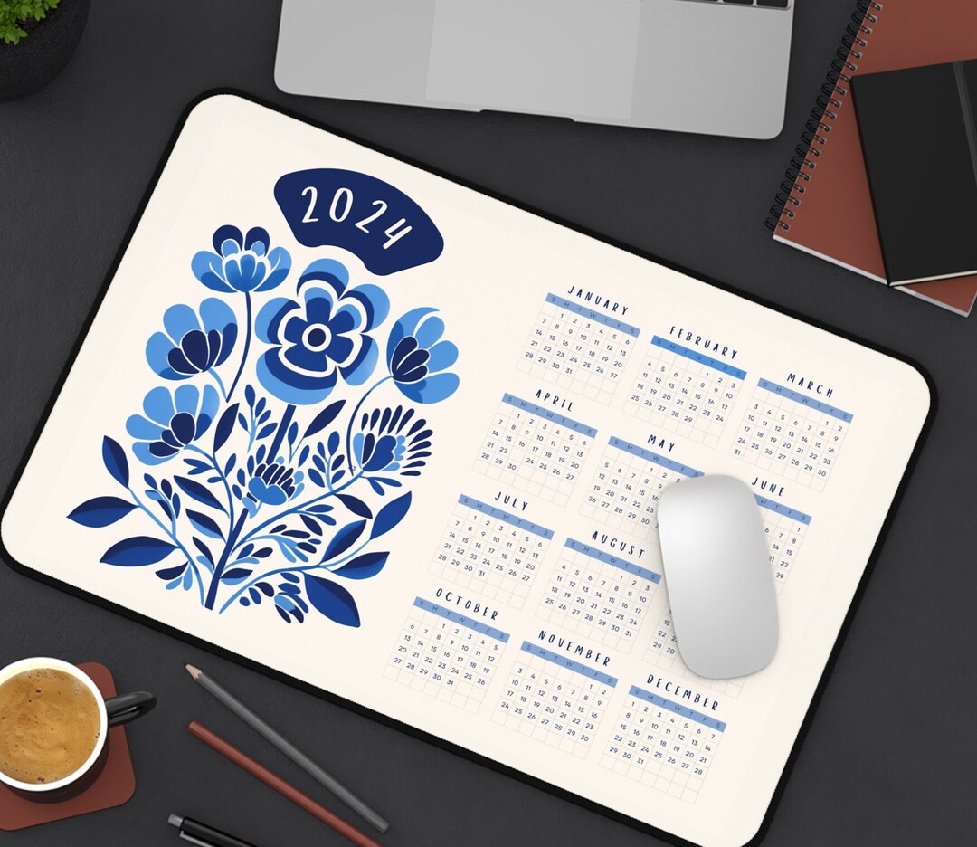 2024 Calendar Desk Mat, Blue Floral Calendar Desk Mat, Floral Desk ...