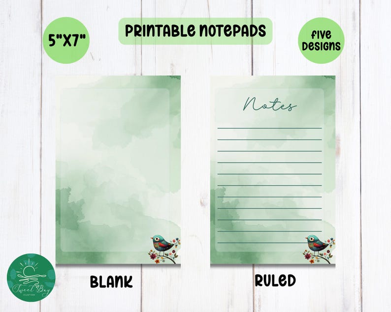 Printable Notepad Whimsical Bird Watercolor Bundle Minimalist Designs ...