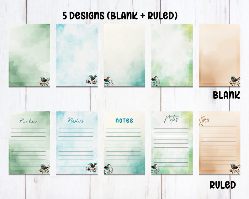 Printable Notepad Whimsical Bird Watercolor Bundle Minimalist Designs ...