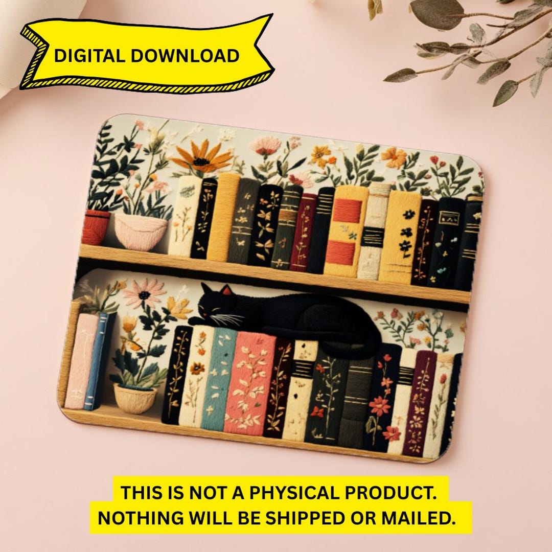 Mouse Pad Designs Bookish Cat Faux Embroidered Bookshelf Mouse Pad ...