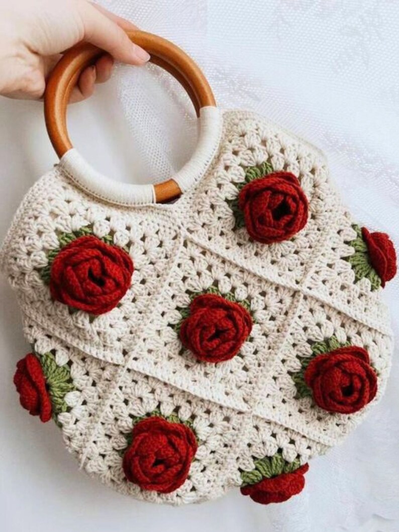 Red Rose Handbag, Granny Square Bag,knitted Bag, Handmade Bag Gifts ...