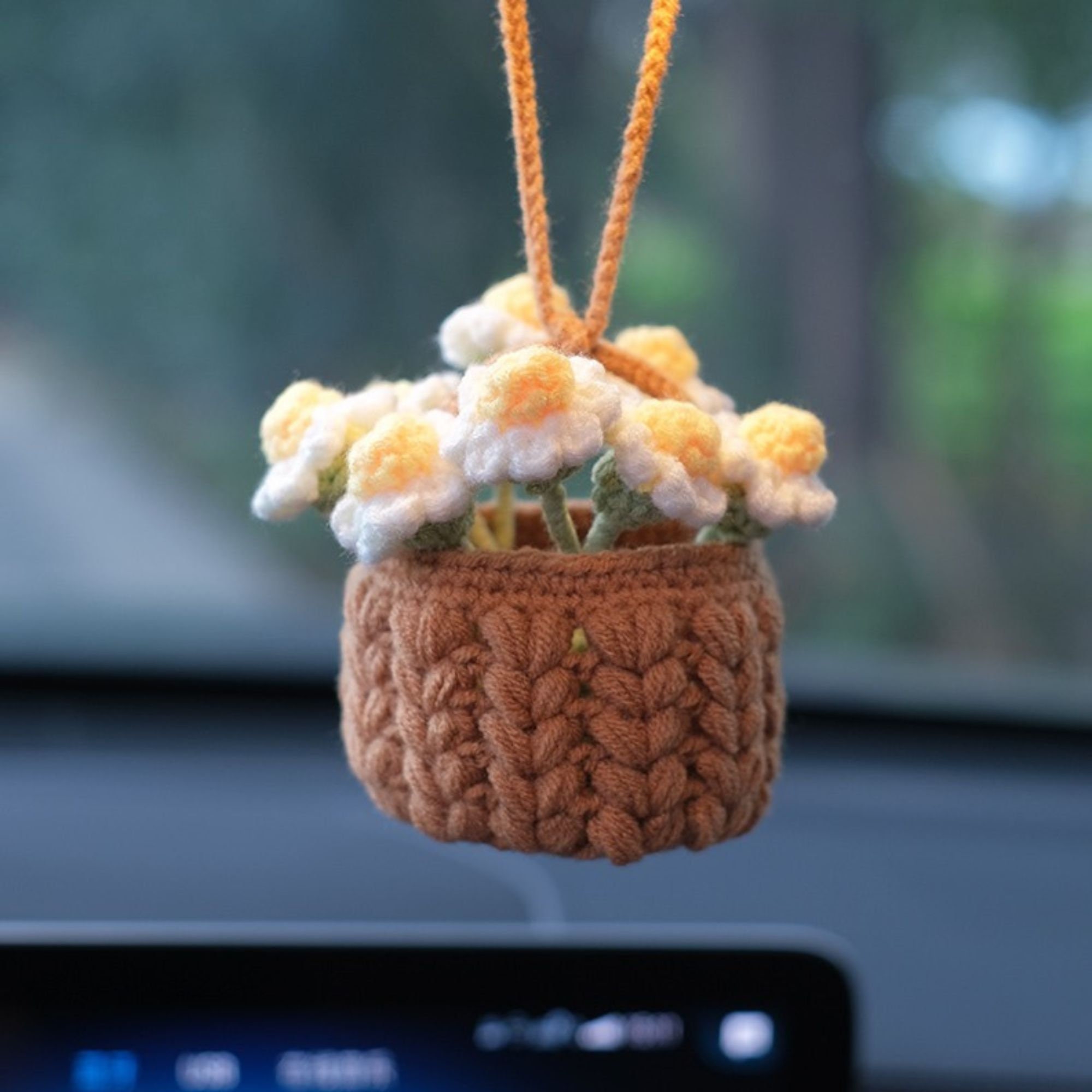 Hanging Potted Flower, Crochet Car Hanging, Crocheted Car Accessories ...