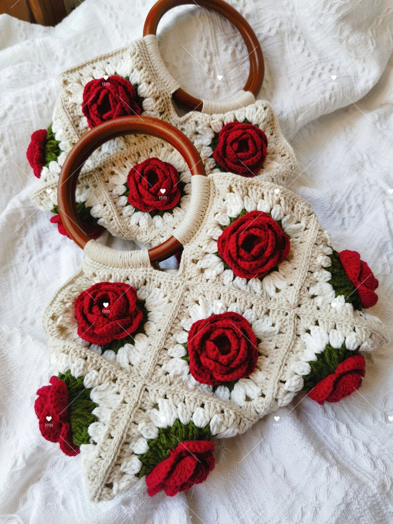 Red Rose Handbag, Granny Square Bag,knitted Bag, Handmade Bag Gifts ...