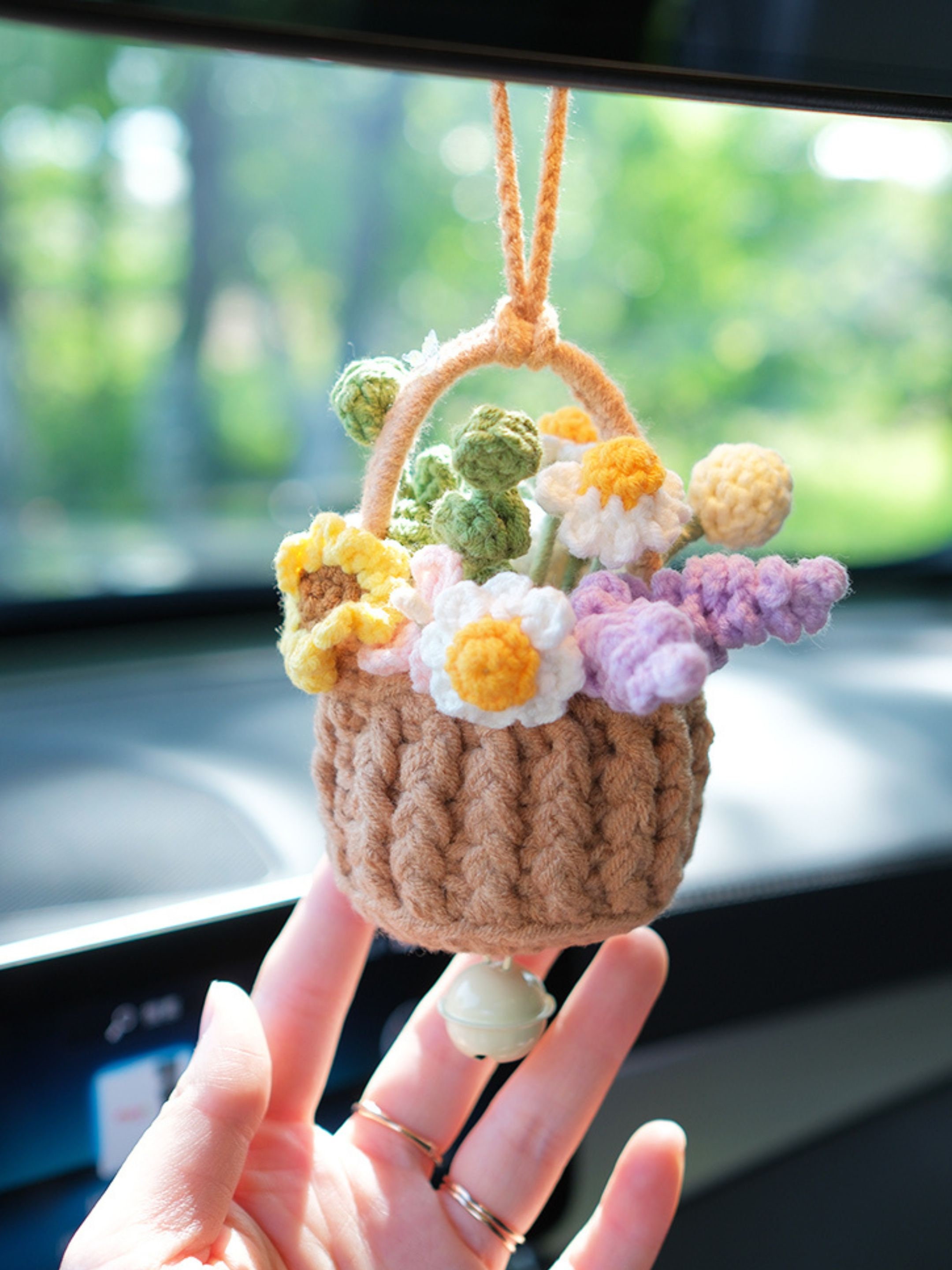 Hanging Potted Flower, Crochet Car Hanging, Crocheted Car Accessories ...
