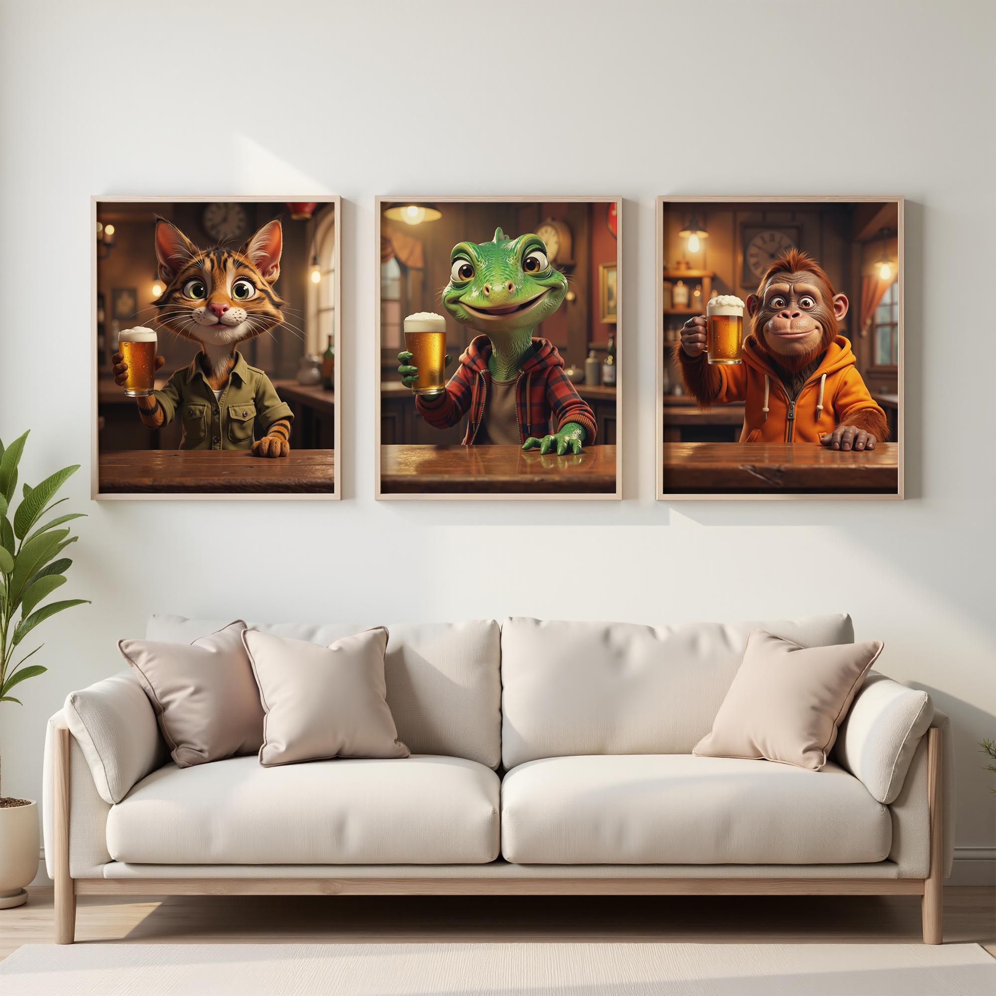 Animals Drinking Beer Bundle for Bar Wall Art - Restaurant Decor - Cute ...