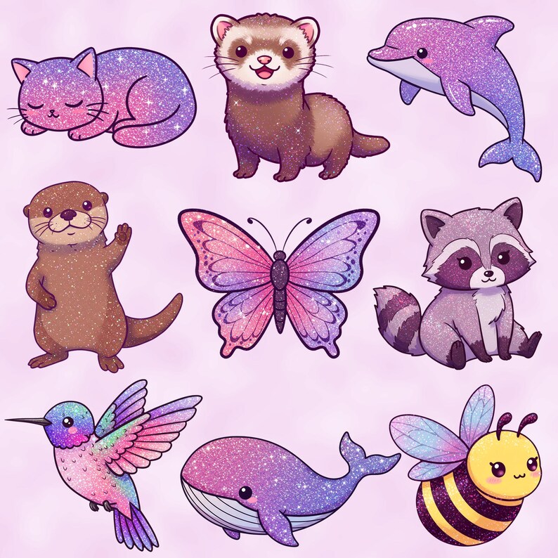 Cute Shiny Animals Clipart Bundle - Sparkly Kawaii Animal Pngs for Kids ...