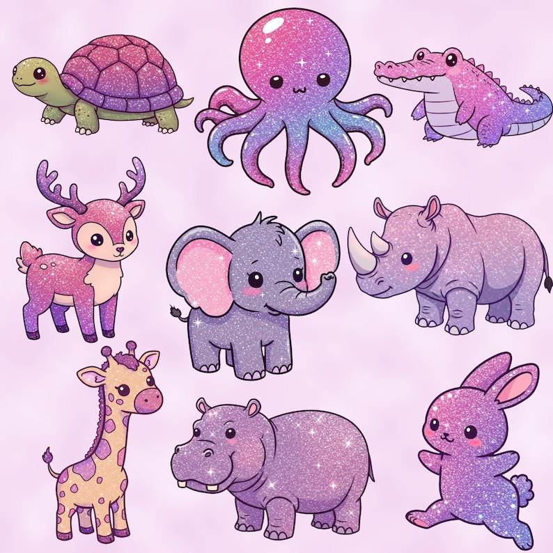 Cute Shiny Animals Clipart Bundle - Sparkly Kawaii Animal Pngs for Kids ...
