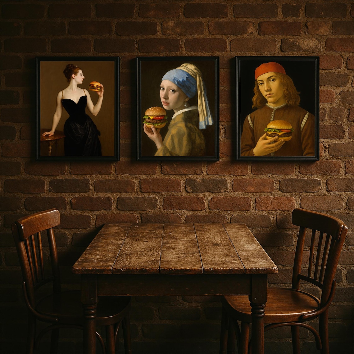 Famous Paintings Eating Burger, Restaurant Wall Art Bundle - Printable ...