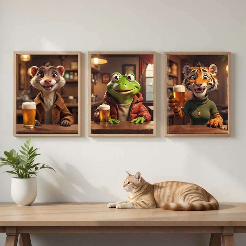 Animals Drinking Beer Bundle for Bar Wall Art - Restaurant Decor - Cute ...