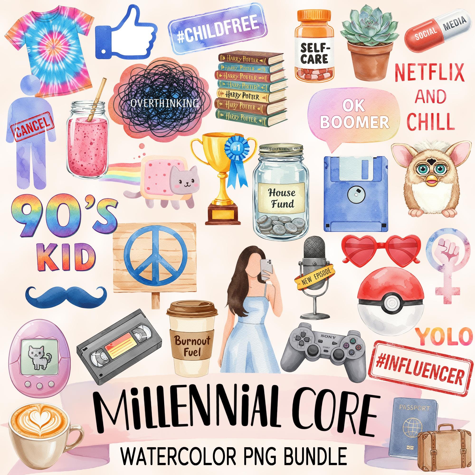 Millennial Aesthetic PNG Bundle, Watercolor Clipart, Retro Sublimation ...