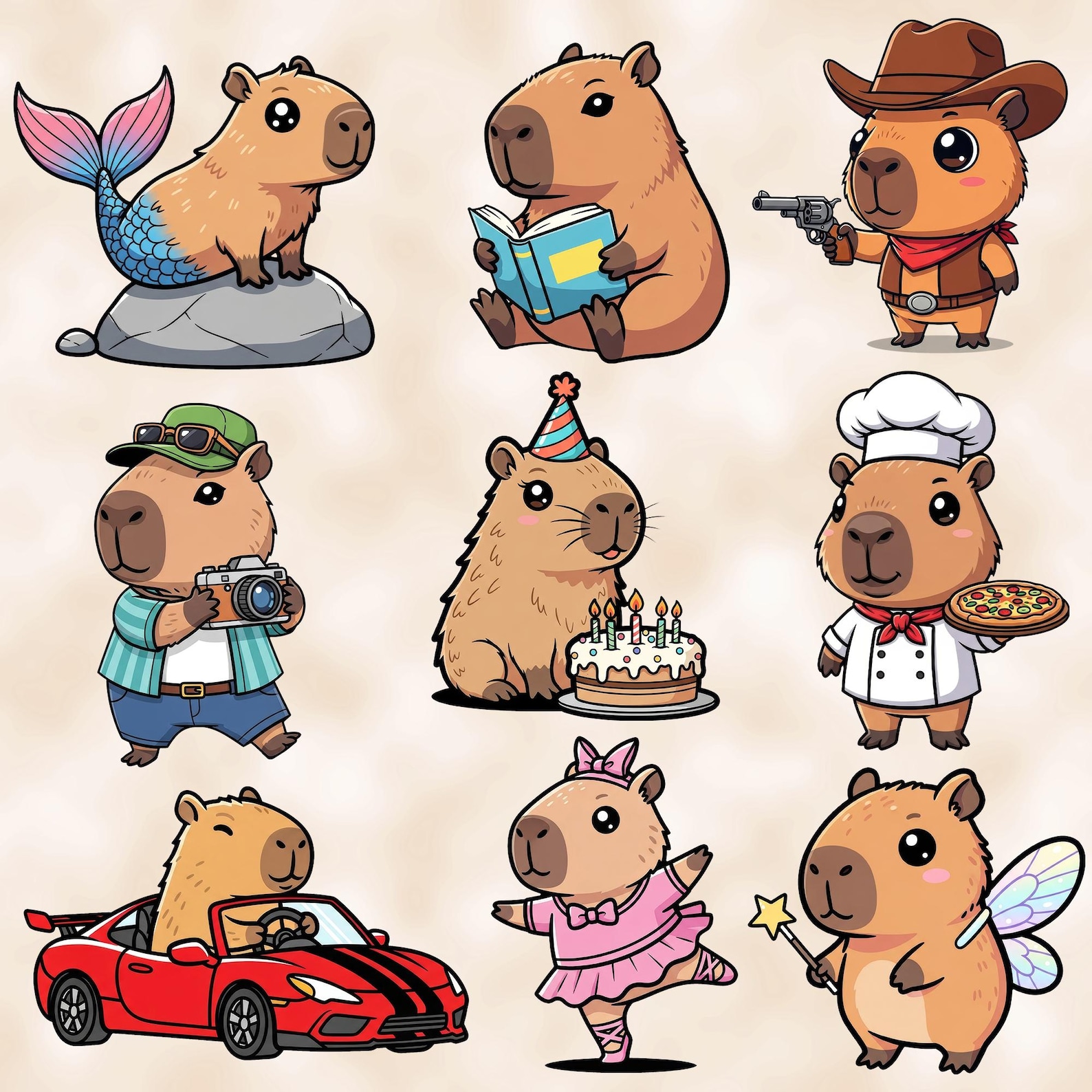 Fun Capybara Bundle - Funny and Cute Sublimation PNG Designs - Cartoon ...