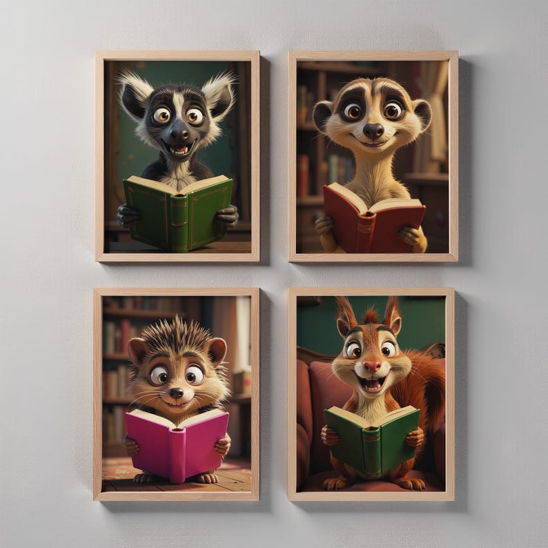 Animals Reading Bundle for Wall Art - Library Decor - Cute Book Lover ...