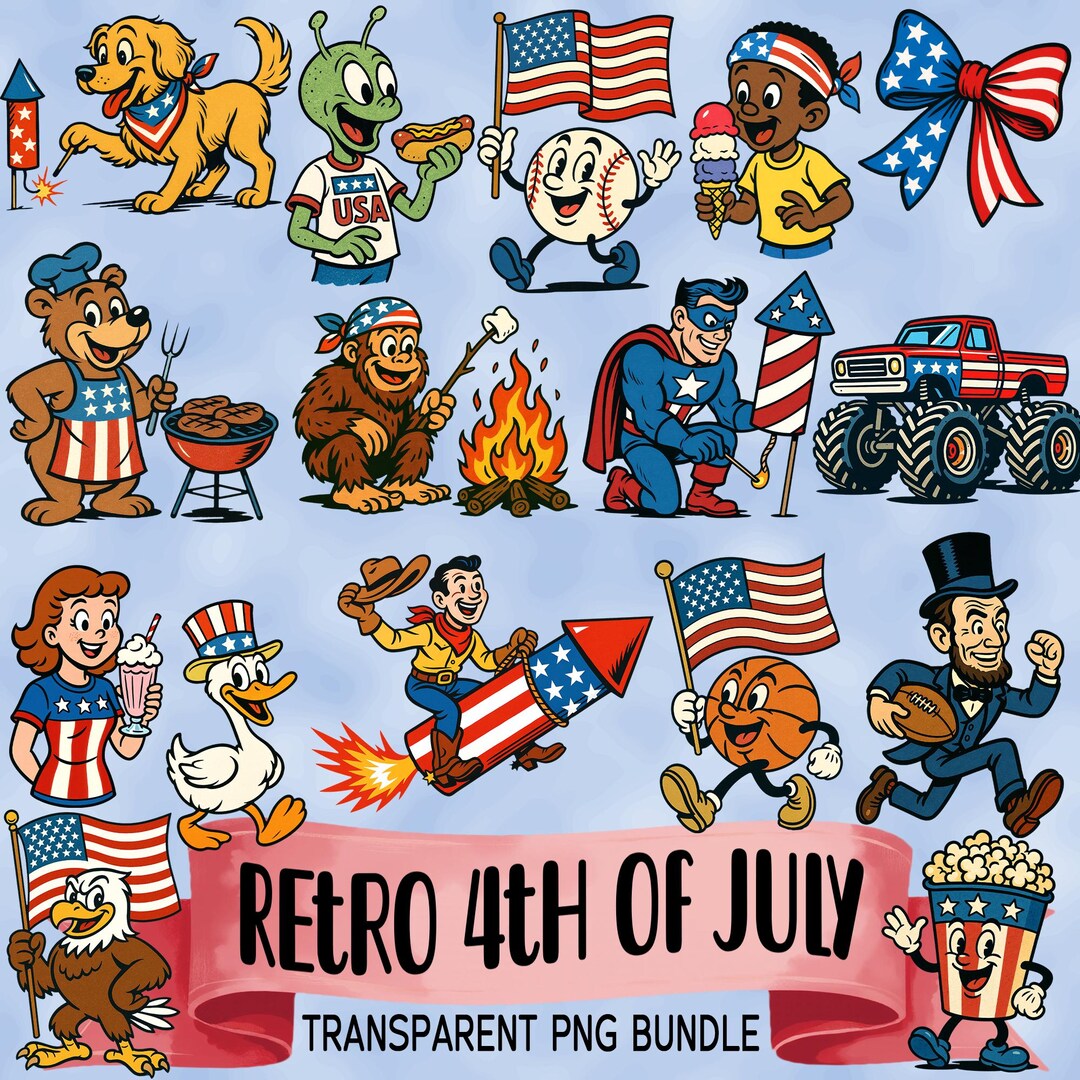 Retro 4th of July PNG Bundle, Vintage Independence Day Clipart, Retro ...